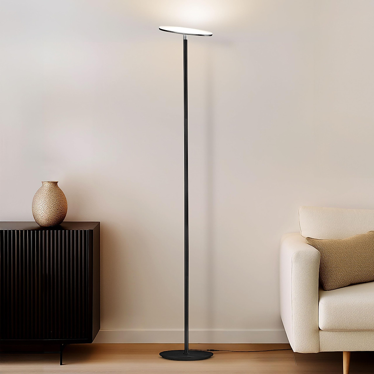 Brightech Sky LED Floor lamp, Torchiere Super Bright Floor Lamp for Living Rooms & Offices - Dimmable, Tall Standing Lamp for Bedroom Reading - Black