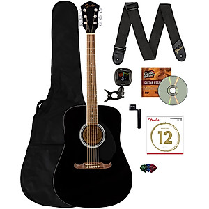 Fender FA-125 Dreadnought Guitar - Black Bundle with Gig Bag, Tuner, Strap, Strings, String Winder, Picks, and Austin Bazaar Instructional DVD