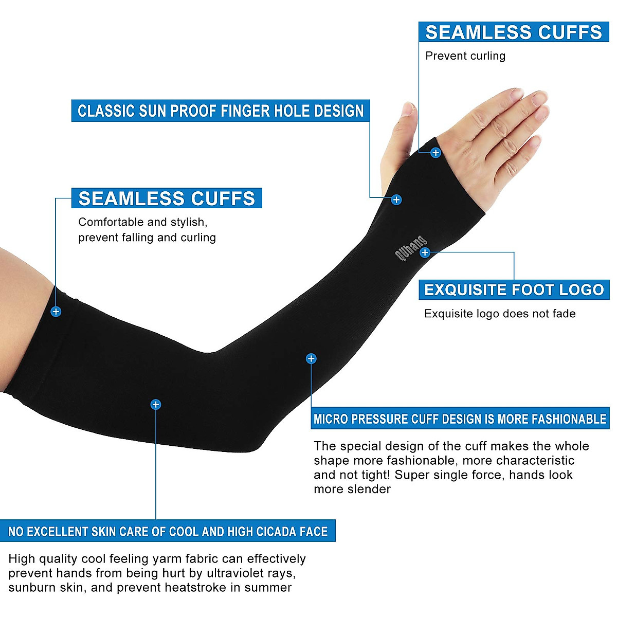 QUhang 6 Pairs Arm Compression Sleeves for Women Men Outdoor UPF50 UV Protection Sun Sleeves Cooling Tattoo Black Sleeves with Thumb Hole