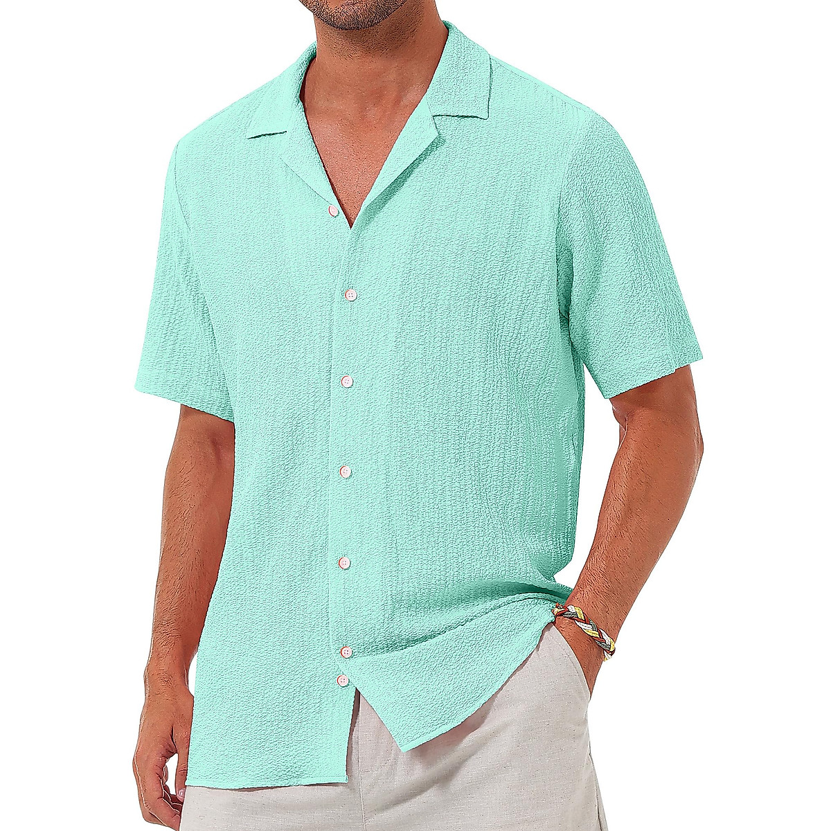 Alimens & Gentle Men's Seersucker Hawaiian Shirts Casual Short Sleeve Button Down Shirt for Men Summer Beach Shirt(Mint Green, Large)