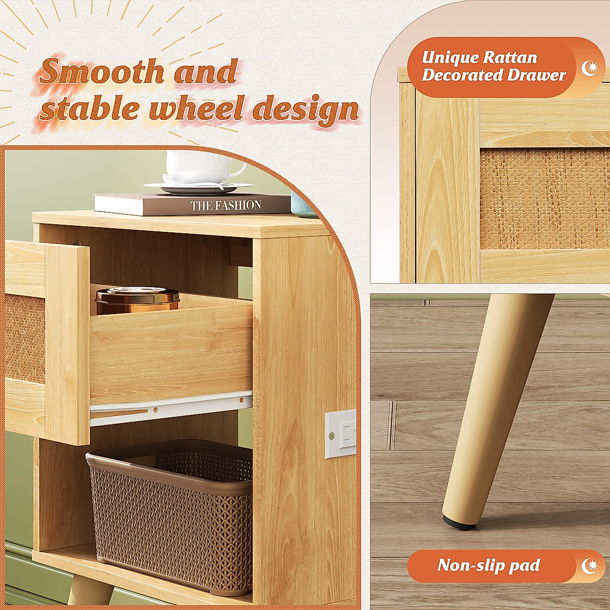 WLIVE Rattan Nightstand with Charging Station, Boho Night Stand, Small Bedroom Side Table, End Table with Drawer and Storage, Wood Bedside Table for Bedroom, Small Spaces, Natural Oak