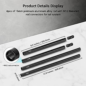 SmallRig 15mm Rods Pack, 15mm Tube with M12 Thread Rod Cap Connectors, Aluminum Alloy Rods Combination for Camera Rig Matte Box Follow Focus 15mm Rod System - 1659