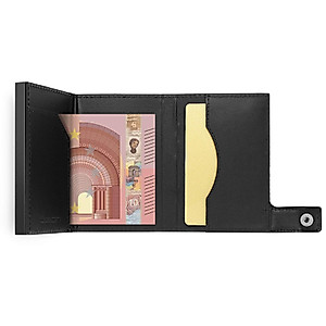 ÖGON -DESIGNS- Cascade Wallet for coins Automatic aluminum and leather Wallet - Compact metal RFID blocking card holder - Easy card access pop-up cards - Carbon Leather/Black Aluminium
