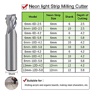 1Pcs CNC Router Bits Engraving Cutter 6mm/8mm Neon Light Strip Slotting Bits Tungsten Carbide Steel End Mill Neon LED Lights Slotting Milling Cutter for Polystyrene Acrylic (6-6D-4.2)