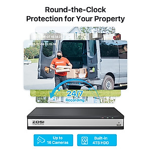 ZOSI H.265+ 1080p 16 Channel Security Camera System with AI Human Vehicle Detection, 16CH CCTV DVR and 16 x 1080p Indoor Outdoor Dome Camera, 80ft Night Vision, 105° View Angle, Alert Push, 4TB HDD