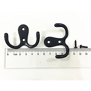 20 Pieces Double Prong Robe Hook Rustic Hooks Retro Cloth Hanger Coat Hanger Heavy Duty Double Prong Coat Hooks Wall Mounted Utility Hook with 44 Pieces Screws (Black Color)
