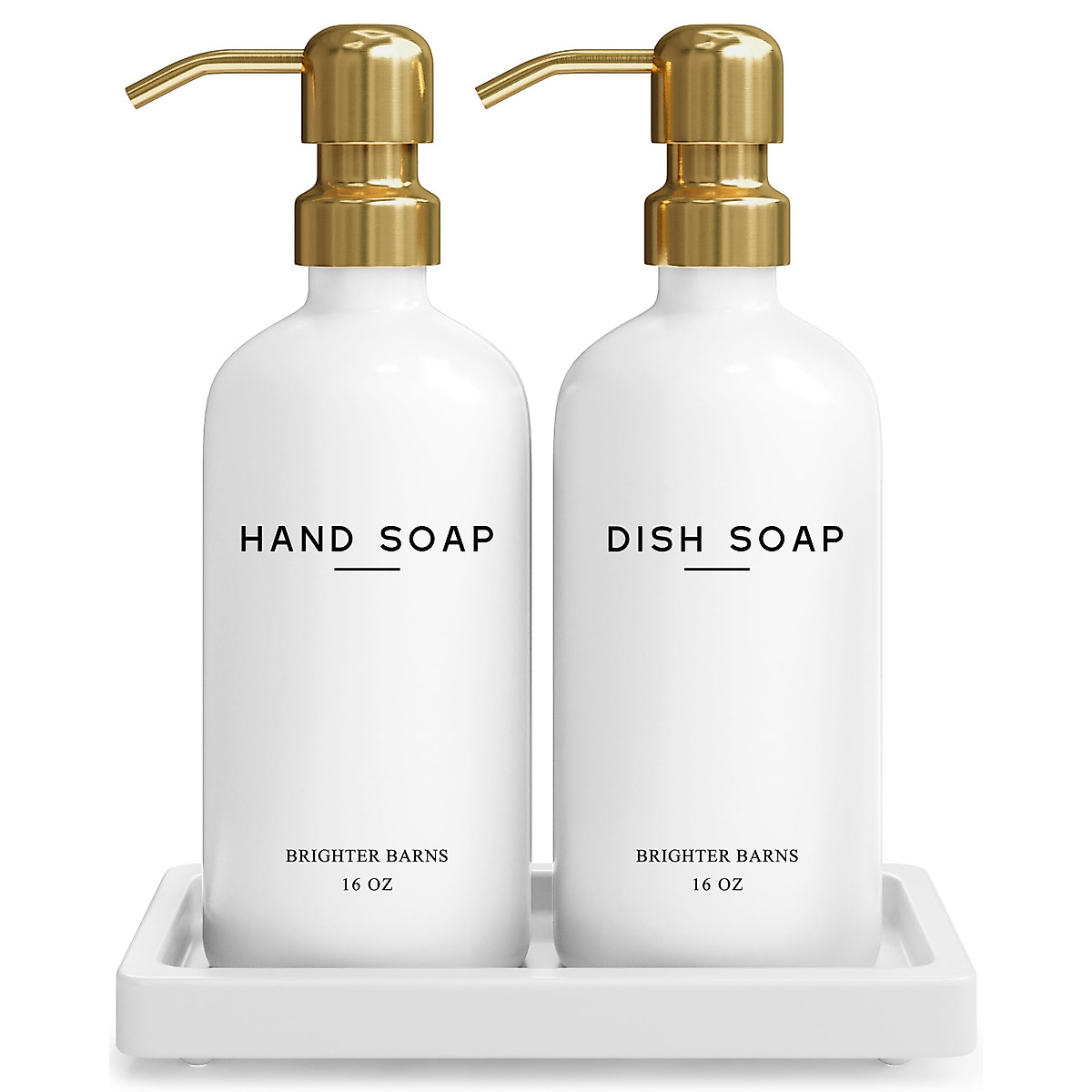Luxury Glass Hand and Dish Soap Dispenser Set by Brighter Barns - Kitchen Soap Dispenser Set with Tray for Kitchen Sink - White and Gold Home Accessories & Decor for Restaurants, Airbnb, Gift (Gold)