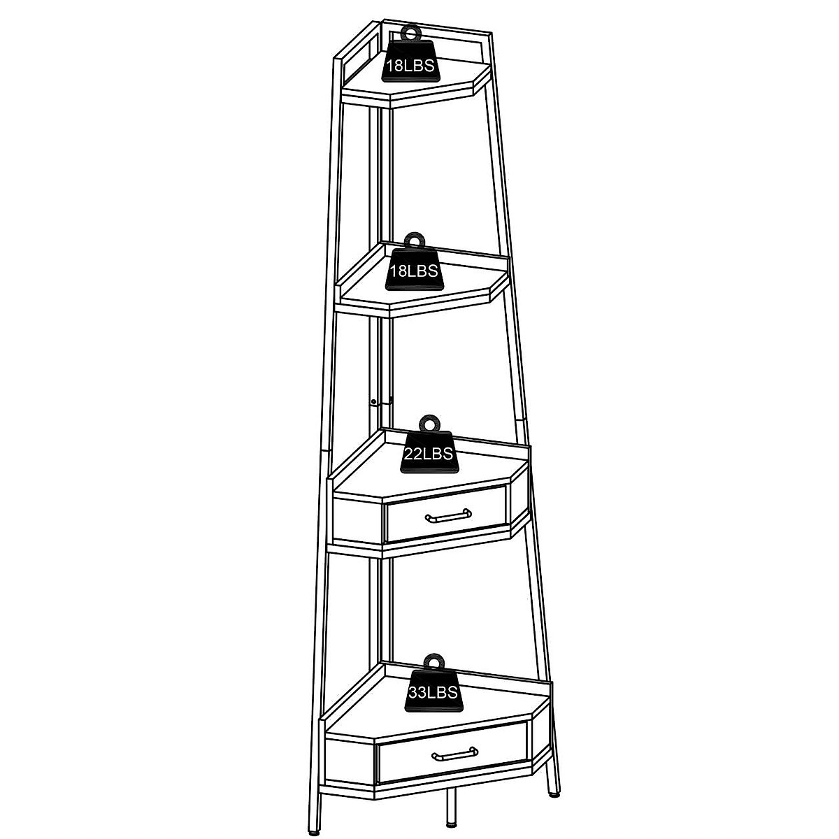 ELzEy Corner Shelf with Two Drawers Tall 4-Tier Industrial Bookcase Black