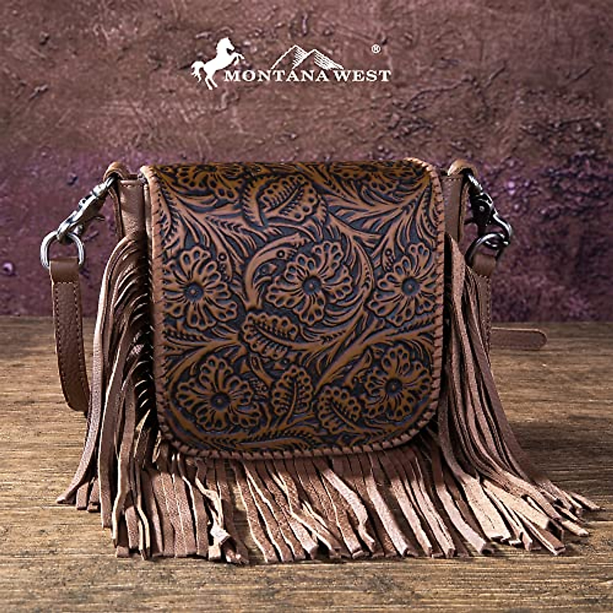 Women's Crossbody Handbags Western Purses for Women Small Crossbody Bags Tooled Leather Fringe Purse Brown RLC-L159BR