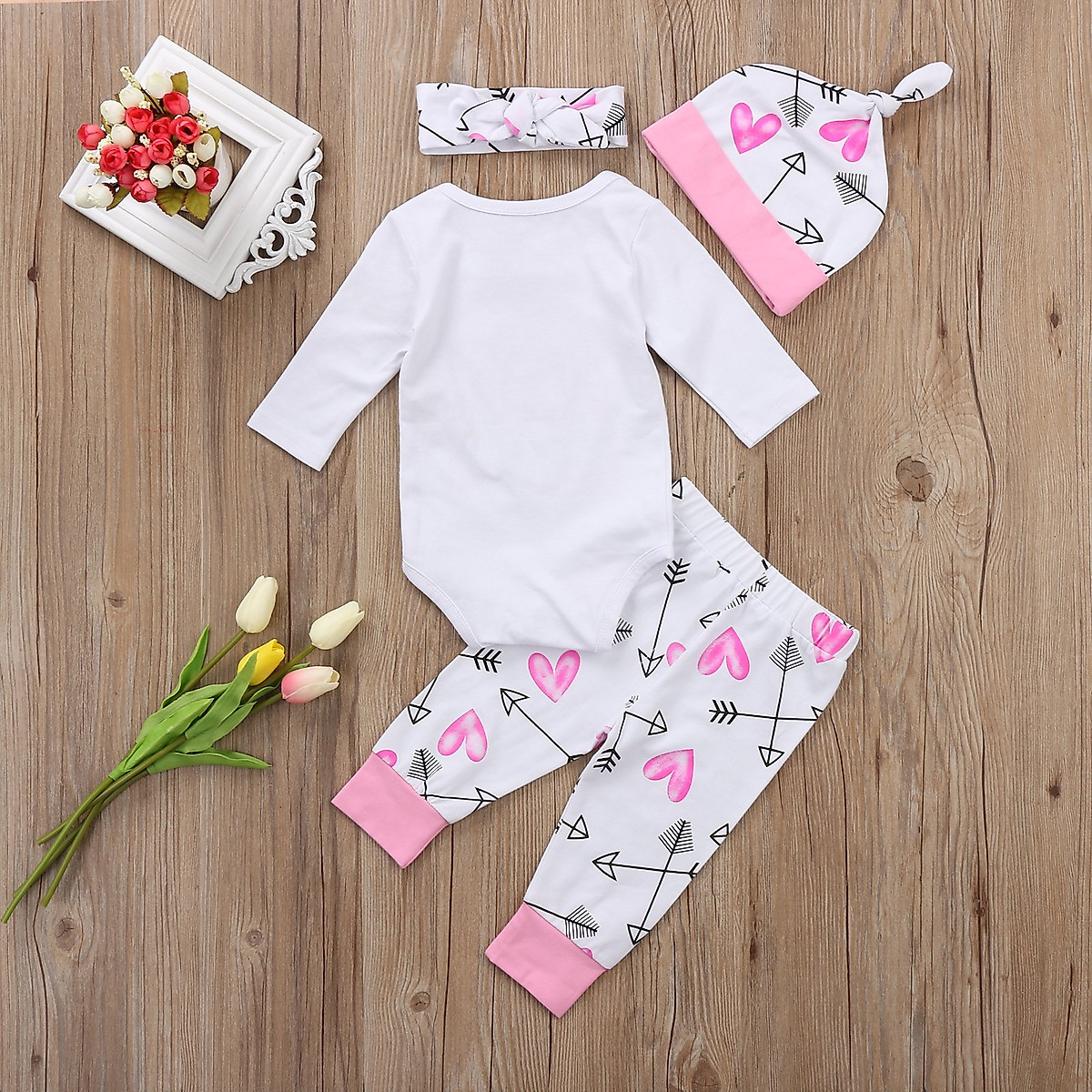 FOCUSNORM 4 pcs Baby Girls Pants Set Newborn Infant Toddler Letter Romper Arrow Heart Pants Hats Headband Clothes Pink
