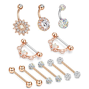 ORAZIO 11 PCS 14G Stainless Steel Nipplerings Nipple Tongue Belly Button Rings CZ Opal Barbell Body Piercing Jewelry