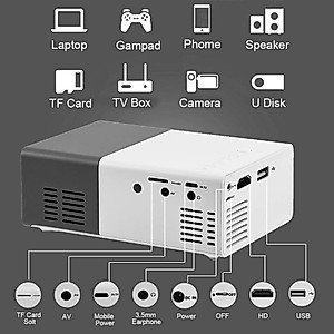 Mini LED Projector , Mini Private Home Theater Portable LED Projector Support 1080P HD HDMI Multimedia Player Clear Stereo Sound for Outdoor Recreation , Entertainment Venues Black White