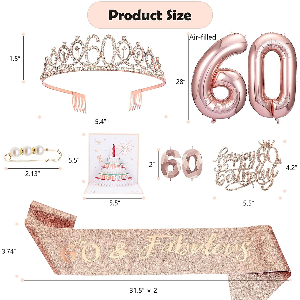 8pcs 60th Birthday Gifts Decorations for Women, Including 60th Happy Birthday Cake Toppers, Birthday Queen Sash with Pearl Pin, Sweet Rhinestone Tiara Crown, Number Candles and Balloons Set, Rose Gold