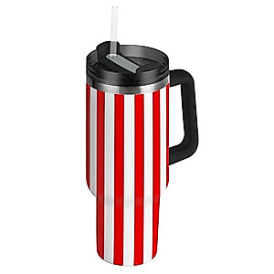 Flradish 40oz Tumbler with Handle, Red White Stripes Stainless Steel Tumbler with Lid and Straws Double Wall Vacuum Insulated Leakproof Coffee Travel Mug