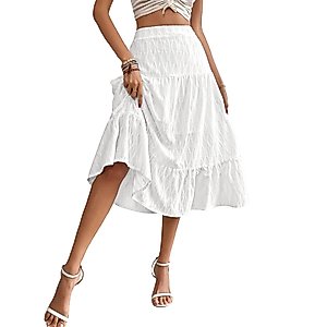 Verdusa Women's Elastic High Waist Ruffle Hem Solid A Line Flowy Midi Skirt White M