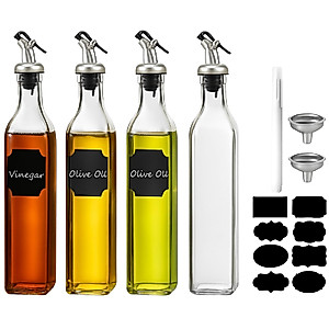 WERTIOO Oil Dispenser Bottle 4 Pack 17 OZ Glass Olive Oil and Vinegar Dispenser Set Oil Container with Funnel & Pen and Tag for Kitchen