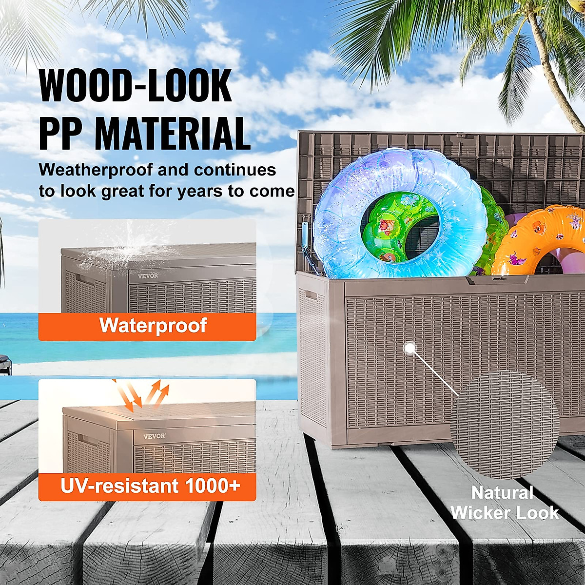 VEVOR Deck Box, 100 Gallon Outdoor Storage Box, 48.0" x 21.5" x 24.5", Waterproof PP Deckbox with Aluminum Alloy Padlock, for Patio Furniture, Pool Toys, Garden Tools, Outdoor Cushions, Gray