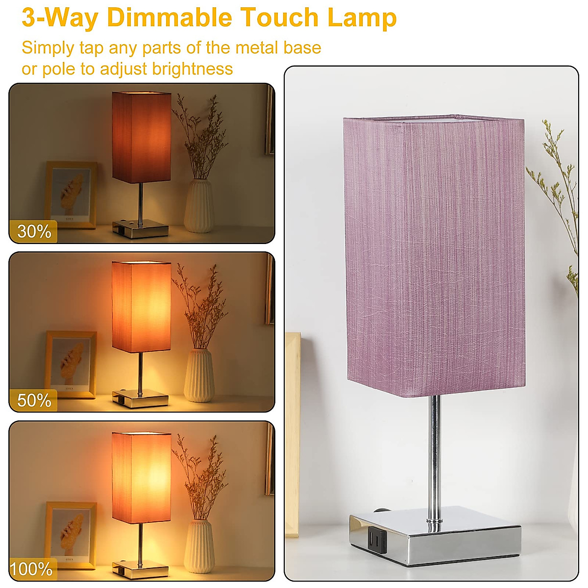SEEDED-DESIGN Touch Lamps for Bedrooms Set of 2, Small Bedside Lamp with USB Port and Outlet, 3-Way Dimmable Nightstand Lamp for Living Room(LED Bulb Included) (Square, Purple)