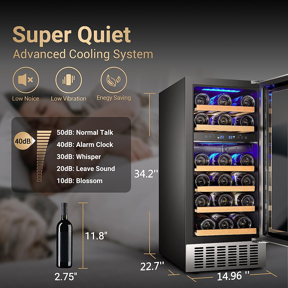 AAOBOSI 28 Bottles Wine Fridge, 15 Inch Dual Zone Wine Cooler with 6 Adjustable Shelves and Safety Lock, Digital Touch Screen, Low Noise Compressor Wine Refrigerator, Temperature Memory Function