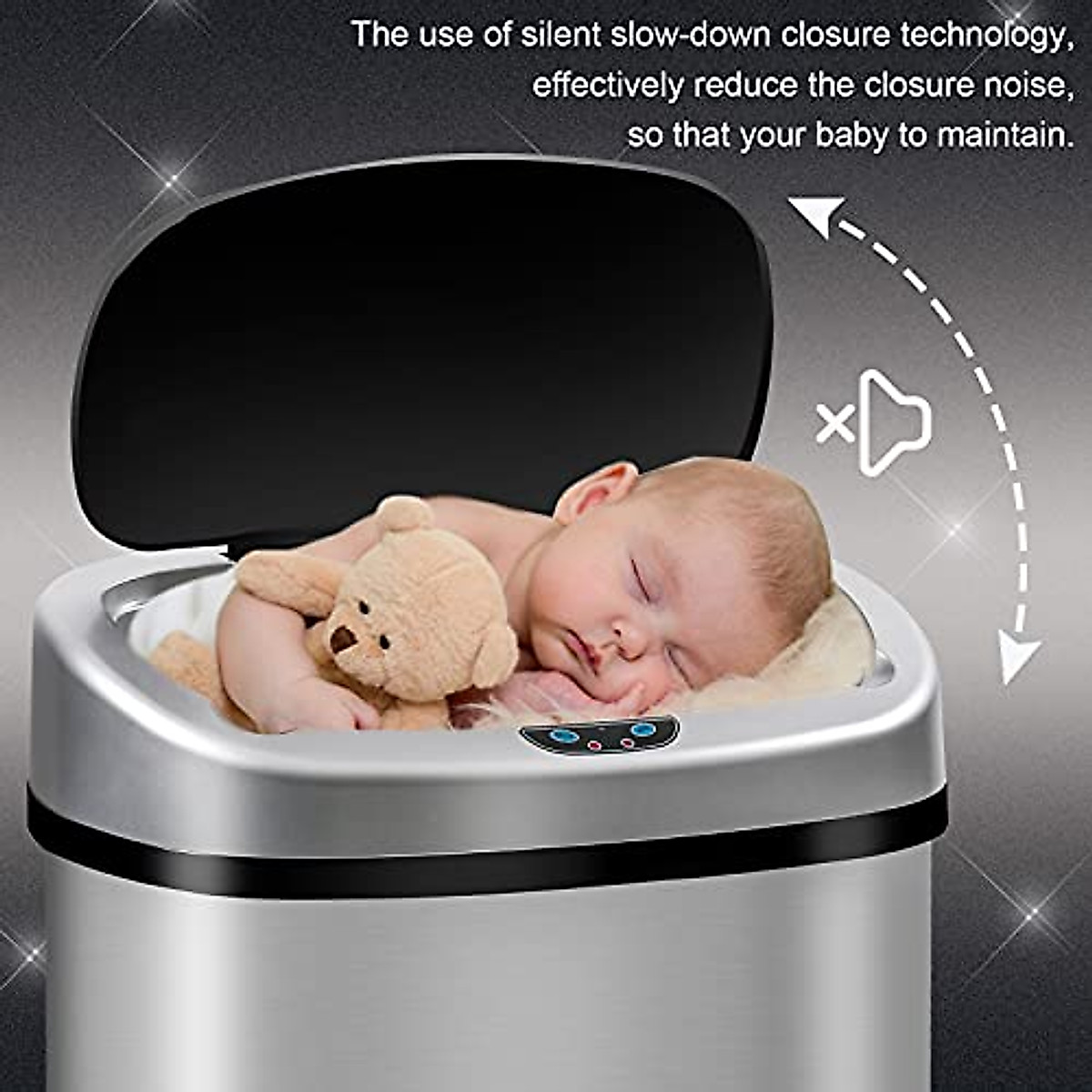 Better Choicet Kitchen Trash Can Automatic Touch Motion Sensor Garbage with Close Slowly, Stainless Steel Bin Lid, Waste for Bathroom Bedroom, 13 Gallon / 50 Liter, Silver, 16.1x11.1x23.2''