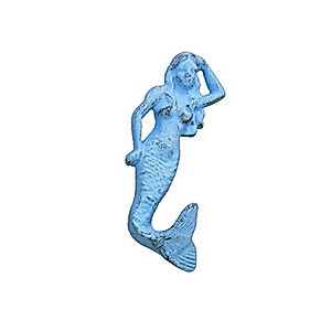 Handcrafted Nautical Decor Rustic Light Blue Cast Iron Mermaid Hook 6" - Cast Iron Decoration - Antique Vi
