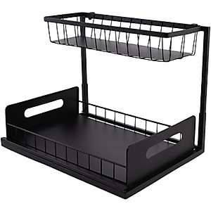 2 Pack Under Sink Organizers and Storage, UINOFLE 2 Tier Sliding Cabinet Organizer Drawer with 8 Hooks Adjustable Depth Pull Out Cabinet Organizer Multi-Purpose Organizer for Bathroom Kitchen (Black)