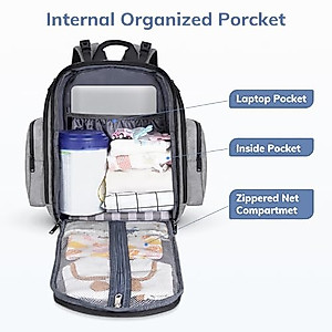 Mancro Diaper Bag Backpack, Large Multifunction Waterproof Travel Baby Changing Bag for Dad Mom with 4 Insulated Pockets and Stroller Straps, Maternity Baby Bag for Boys Girls, Grey