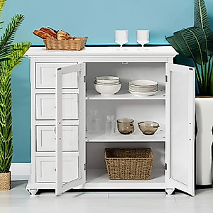 Giantex Buffet Sideboard, Wood Storage Cabinet, Console Table with 4 Drawers, 2-Door Credenza, Living Room Dining Room Furniture, Buffet Server, Kitchen Pantry Cupboard (White)