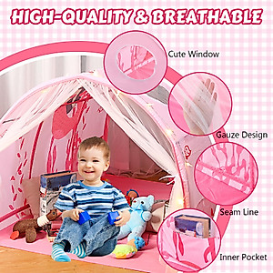 Berlune Play Tent for Girls Boy, Mermaid Dream Bed Tents with Star String Light, Banners, Double Net Curtain, Breathable Pocket, Carry Bag Portable Kids Playhouse Pink Sleeping Tent, 55''x 39'' x 31''
