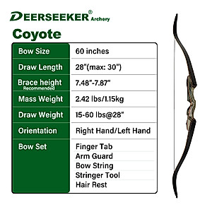 Deerseeker Archery 60" Takedown Recurve Bow Handmade Wooden Bow for Adults & Youth Beginners with Laminated Limbs Right/Left-Hand Riser Hunting Practice Target Shooting 20-60lbs