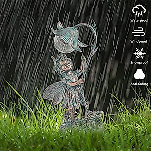 TERESA'S COLLECTIONS Solar Fairy Girls Statue Garden Decor for Outside,Waterproof Resin Outdoor Fairy Angel Figurines Sculptures Lawn Ornaments for Patio Yard Decorations, 13.5 Inch(Bronze)