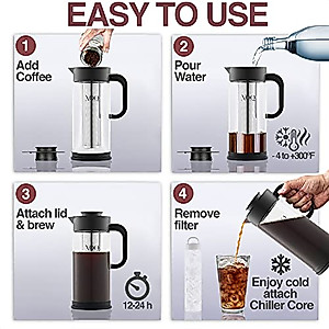 XOQ Cold Brew Coffee Maker + Chiller Kit + 50oz/1.5L Glass Cold Brew Maker - Iced Coffee Maker & Ice Tea Maker - Large Iced Coffee Pitcher for Fridge with Removable Stainless Steel Brewer Filter