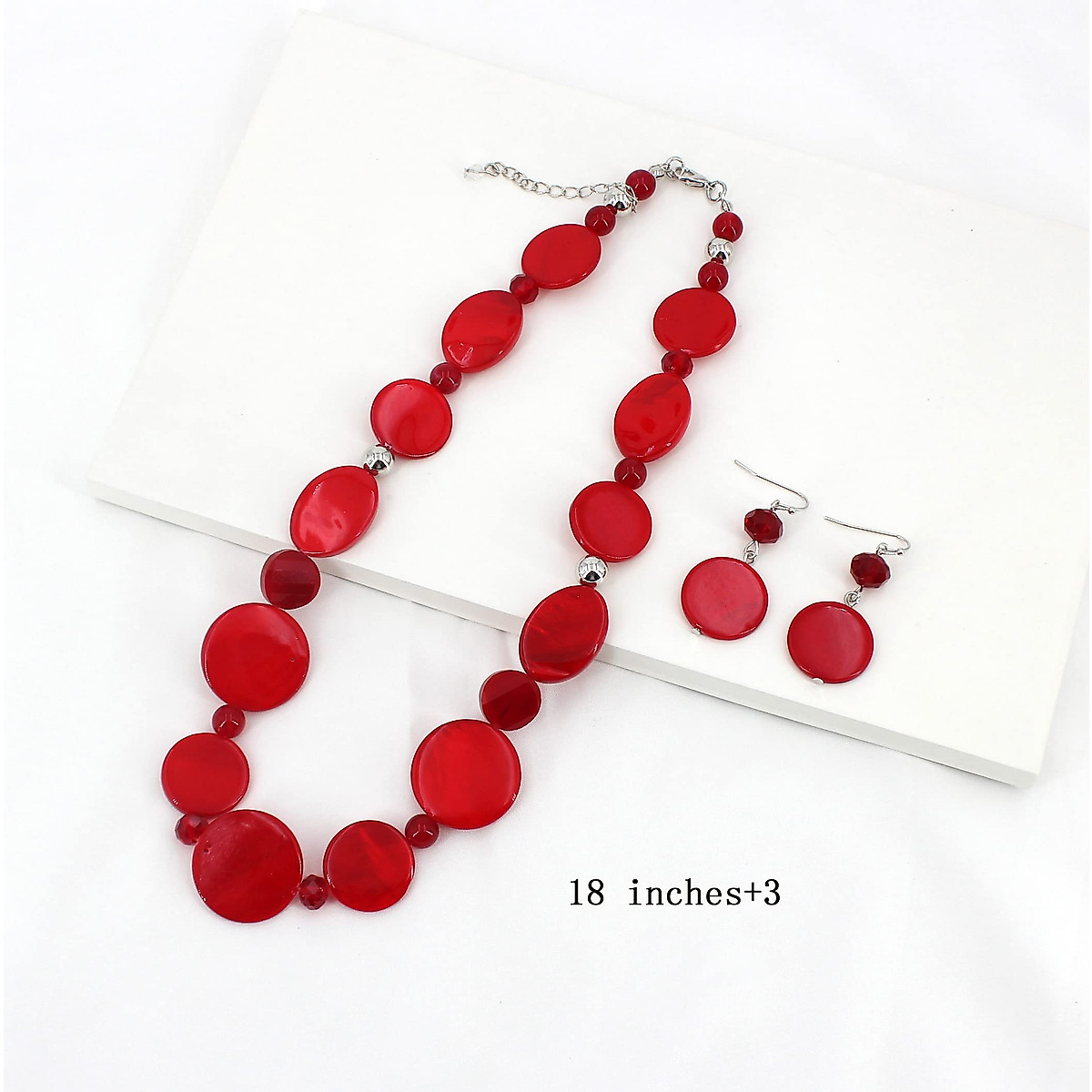 Jules D. Simple Beaded Choker Necklace Handmade Shell Multi Colorful Brown Green Beads Statement Necklace Bracelet Earring Set Costume Jewelry for Women Gifts (Red)