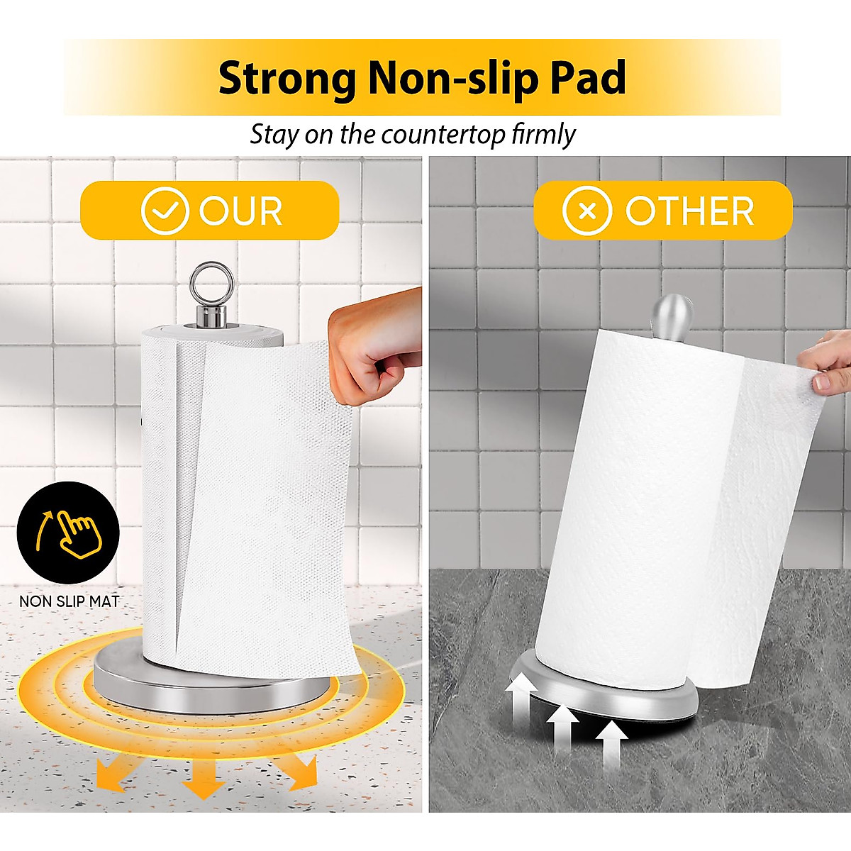 Coopvivi Paper Towel Holder Stainless Steel - One Hand Tear Paper Towel Dispenser Standing Weighted Base Non Slip, Stainless Steel Paper Towel Fits in Kitchen (Silver)