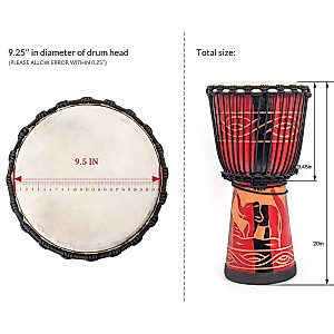 Djembe Drum, AKLOT African Drum Hand-Carved 9.5'' x 20'' Mahogany Goatskin Drumhead for Adults Beginners (Red)