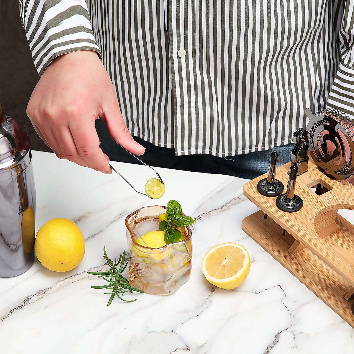 15 Piece Bar Set Cocktail Shaker Set,Bartender kit with Stand,Black Bar Kit for Drink Mixing