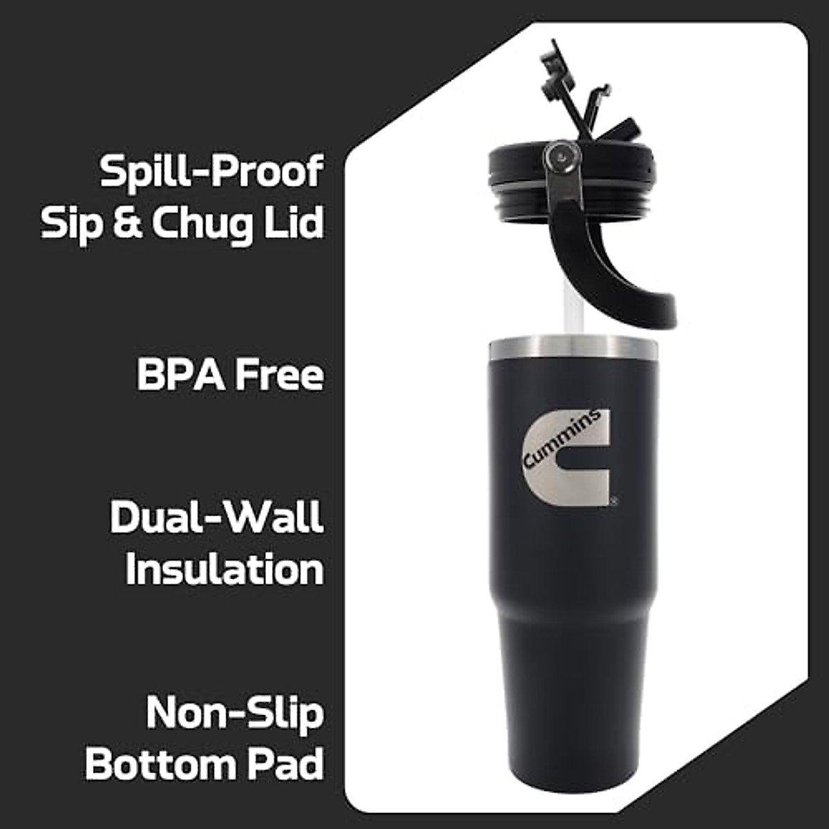 Cummins CMN35401 2 in 1 Tumbler with Flip Lid and Straw 30-Ounce Tumbler with Handle Stainless Steel Travel Mug-Black