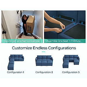 LINSY HOME Modular Sectional Sleeper Sofa, Sectional Couch with Ottoman Memory Foam, Storage Under Each Seat, Sofa Covers Washable Changeable, for Living Room, Blue