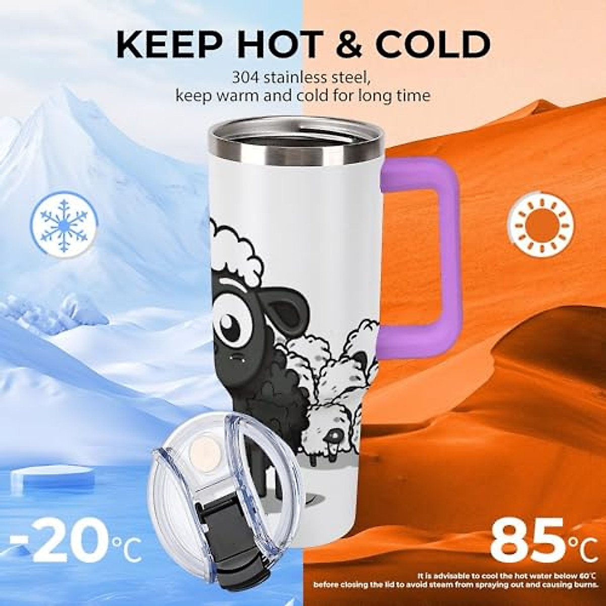 LLUTSNTH 40 Oz Vacuum Tumbler with Violet Handle Leakproof Insulated Tumbler Cartoon Black White Sheep Stainless Steel Travel Mug with Lid And Straw Coffee Cup Cute Water Bottles Cup Holder Friendly