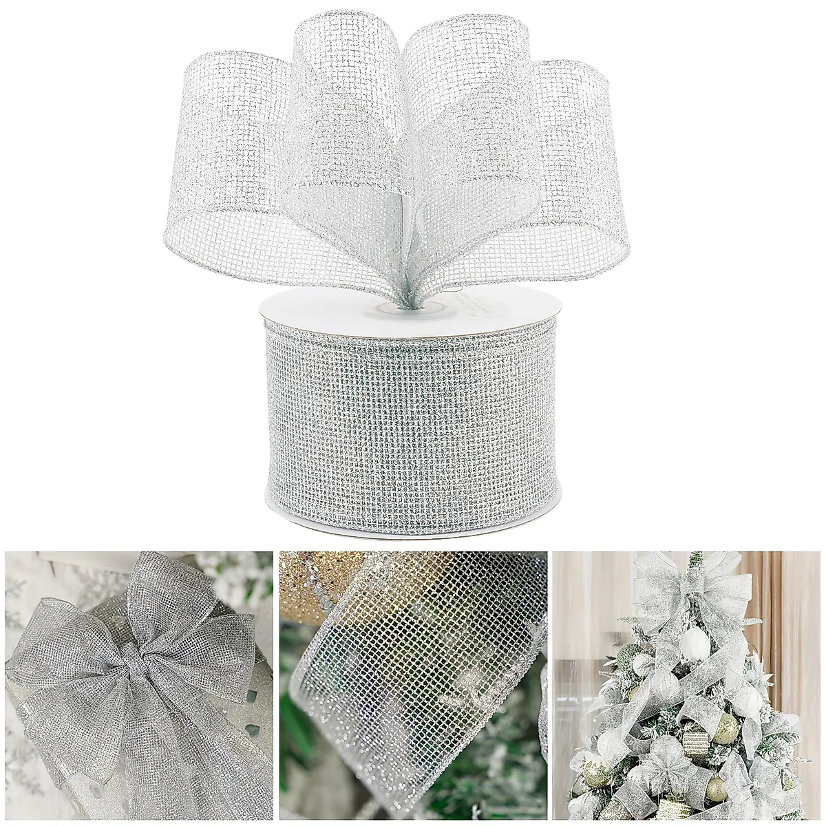 AIMUDI Silver Christmas Ribbon Wired 2.5 Inch Silver Wired Ribbon for Halloween Silver Glitter Mesh Wired Ribbon for Wreaths, Gift Wrapping, Thanksgiving, Holiday Crafts, Topper Bow - 25 Yards