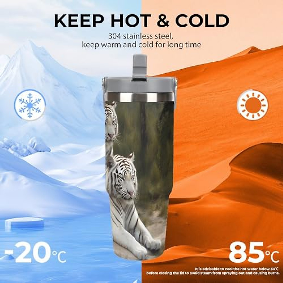 BWQJKUO Large Capacity Car Cup 30 Oz Stainless Steel White Tigers Printed Travel Mug Leak-proof Flip Straw Tumbler with Handle,keeps Cold Or Ho