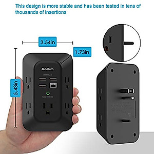 USB Wall Charger Surge Protector - Addtam 5 Outlet Extender with 4 USB Charging Ports ( 1 USB C), 3-Sided 1800J Power Strip Multi Plug Outlets Adapter Widely Spaced,Black