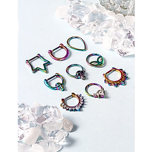 Vsnnsns 16G Septum Rings Piercing Jewelry Skull Septum Jewelry CZ Clicker Ring Stainless Steel Septum Hinged Segment Nose Rings Hoop Piercing Jewelry for Men Women 10mm Rainbow 9pcs