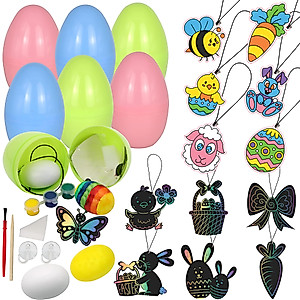 JOYIN 54 Pcs Easter Crafts Assortment Kit with Prefilled Easter Eggs Painting Kit Include Wooden Eggs, Suncatchers and Scratch Cards for Party Favor, Basket Stuffers Fillers