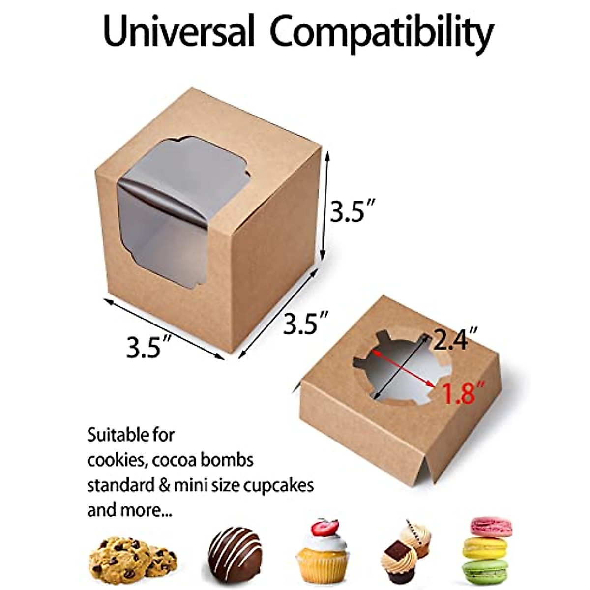 Happyhiram Cupcake Boxes 50 Pcs Brown Kraft Individual Cupcake Box, Single Container Paper Holder with Insert and Window for Muffins Cocoa Bombs Packaging Togo Boxes for Birthdays Party Favor