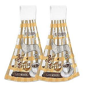 Coffee Hand Towels Set 2 Pcs Fashion Absorbent Dish Cloth Tie Towel Soft Dry Towel for Bathroom Kitchen Home Decor 18.2 L x 14 W