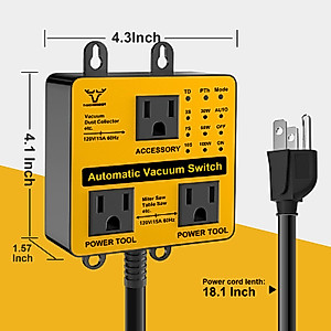 Upgraded Automatic Vacuum Switch, Autoswitch for Dust Collector, Customizable Delay (3/7/10s) for Shop Vac, Adjustable Power Tool Trigger (30/60/100W), with Overload and Tripping Protection