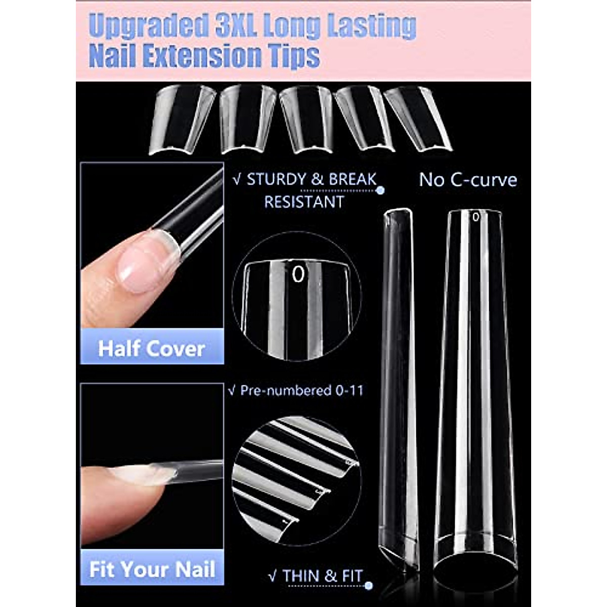 Quaferen 504Pcs Clear Coffin Nail Tips for Acrylic Nails Professional, XXXL Extra Long No C Curve Coffin Straight Acrylic Nail Tips, Half Cover No Crease Nail Extension False Nails for DIY Nail Art