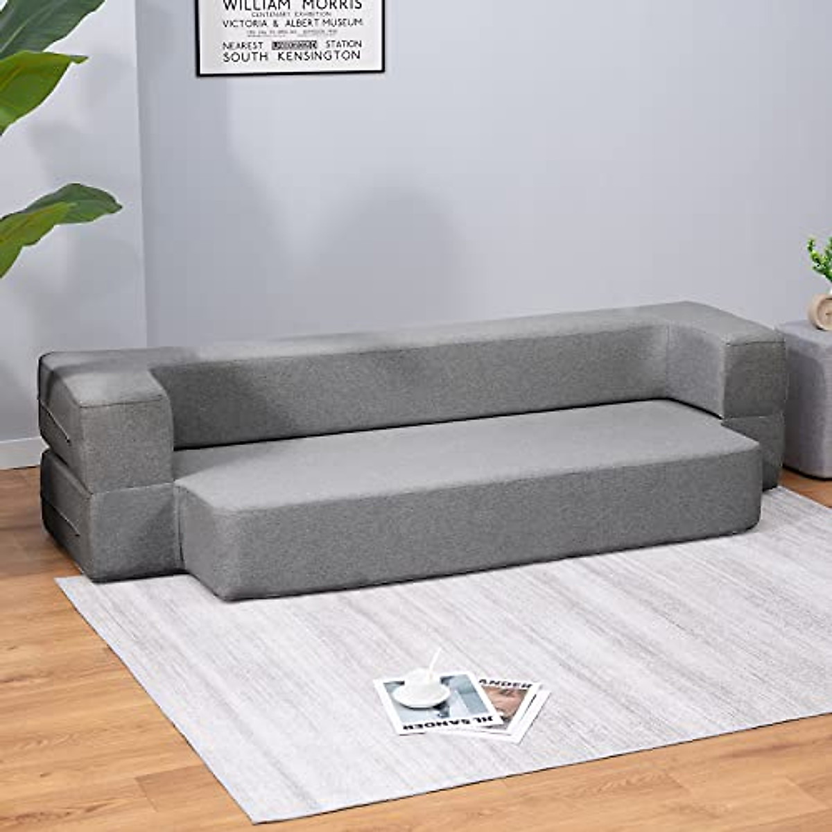 ZAFLY Twin Folding Sofa Couch Bed,8.6" Flip Out Sofa Bed,Convertible Sleeper Sofa Bed,Comfy Floor Couch Bed,Futon Sofa Bed Memory Foam Mattress,Linen Fabric Small Couches for Small Spaces,Light Grey