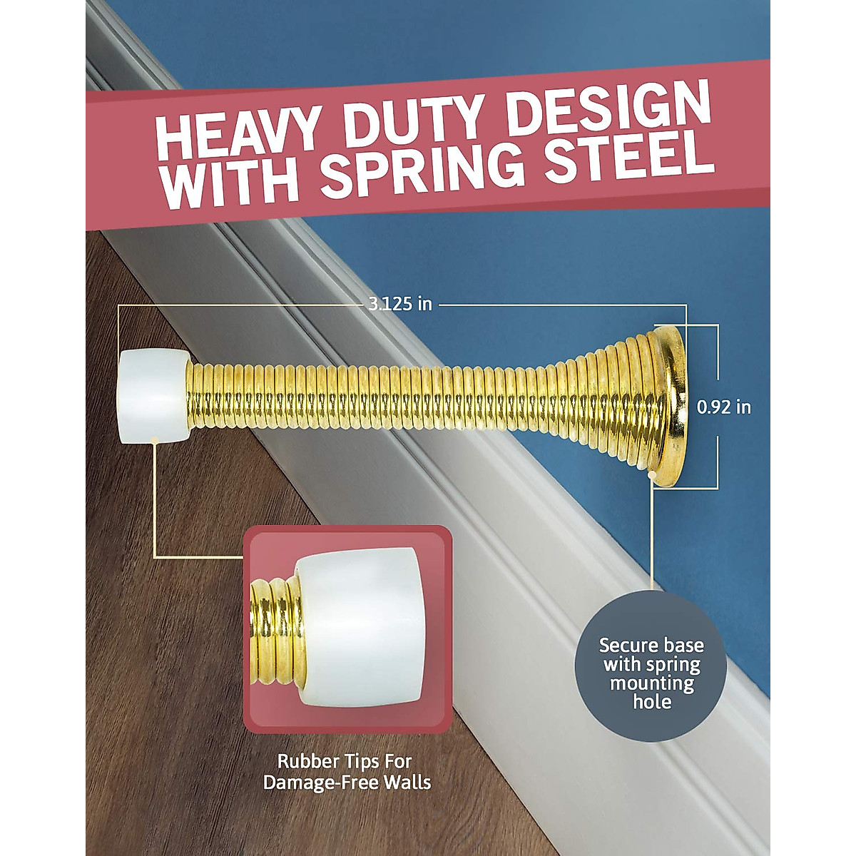 Jack N’ Drill (3 ⅛) Spring Door Stopper 15 Pack | Flexible Heavy Duty Door Stop for Home and Office - Rustproof, Bendable Spring Steel & Durable Rubber Tips